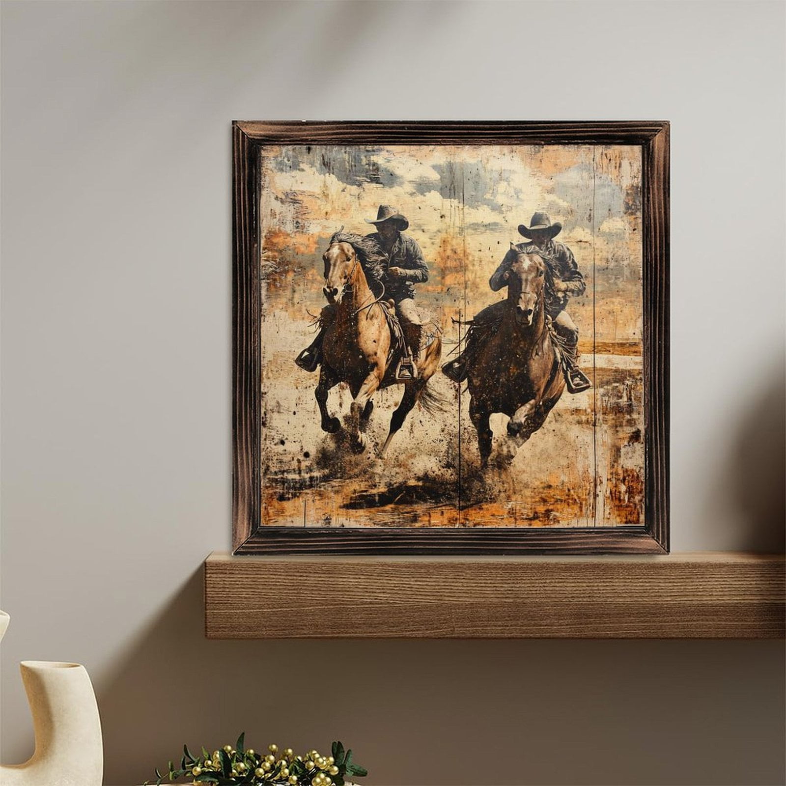 Cowboys Riding Horses Art Wooden Sign Wall Plaque - Vintage Art ...