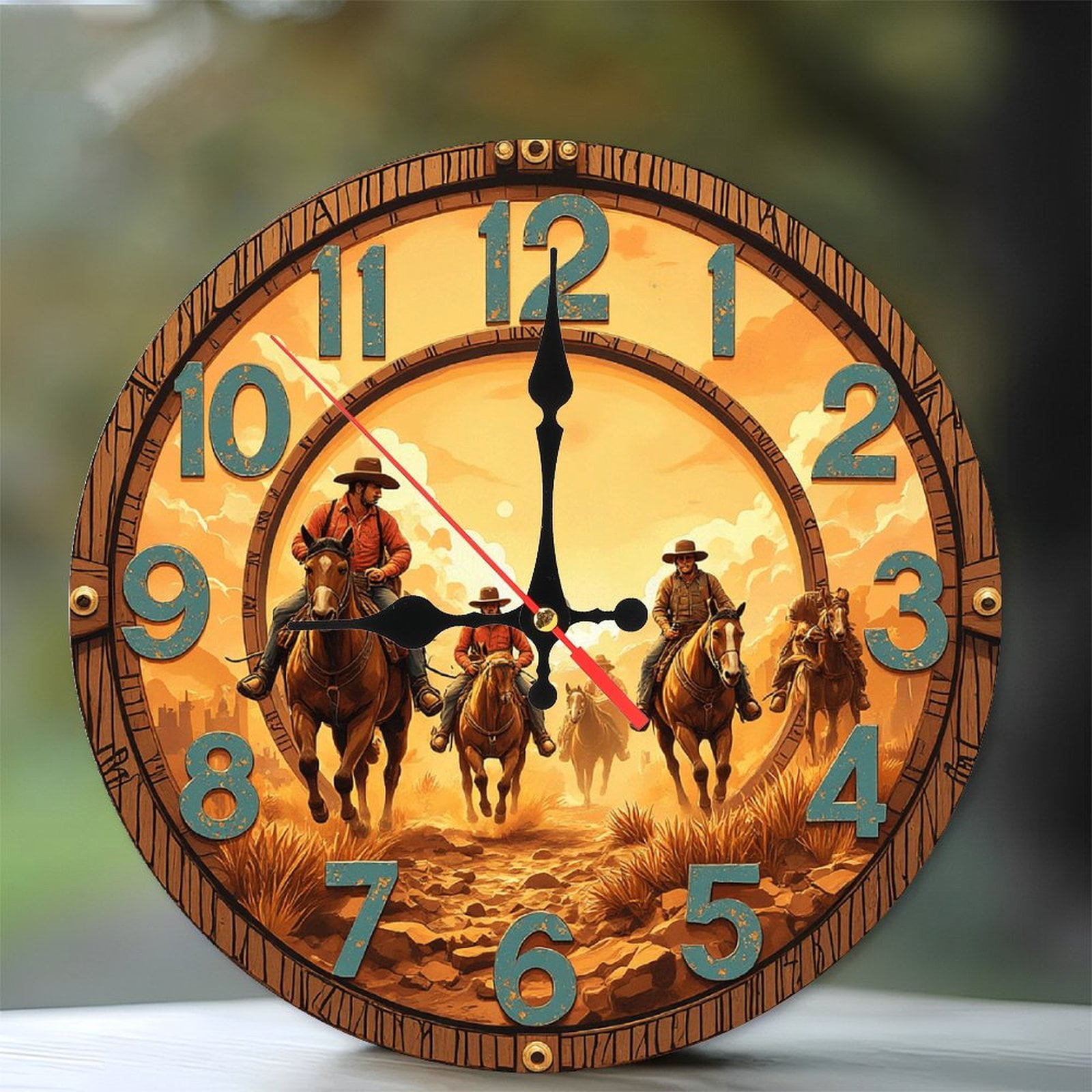 Cowboys Riding Horses Sunset Wall Clock 10-Inch Silent Wooden Wall ...
