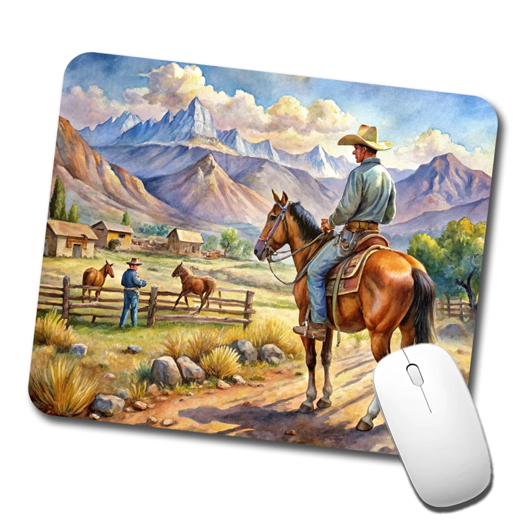 Cowboys Western Ranch Scene Watercolor Mouse Pad Low Profile Gaming Mat ...