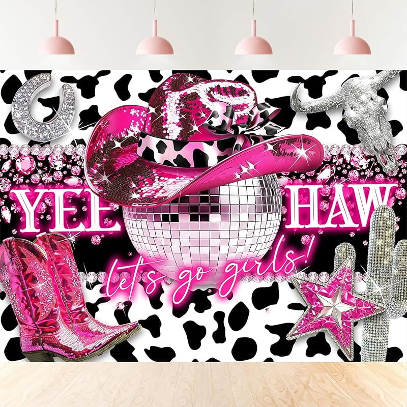 Cowgirl Backdrop Hot Pink Disco Let's Go Girl Western Birthday Cow ...
