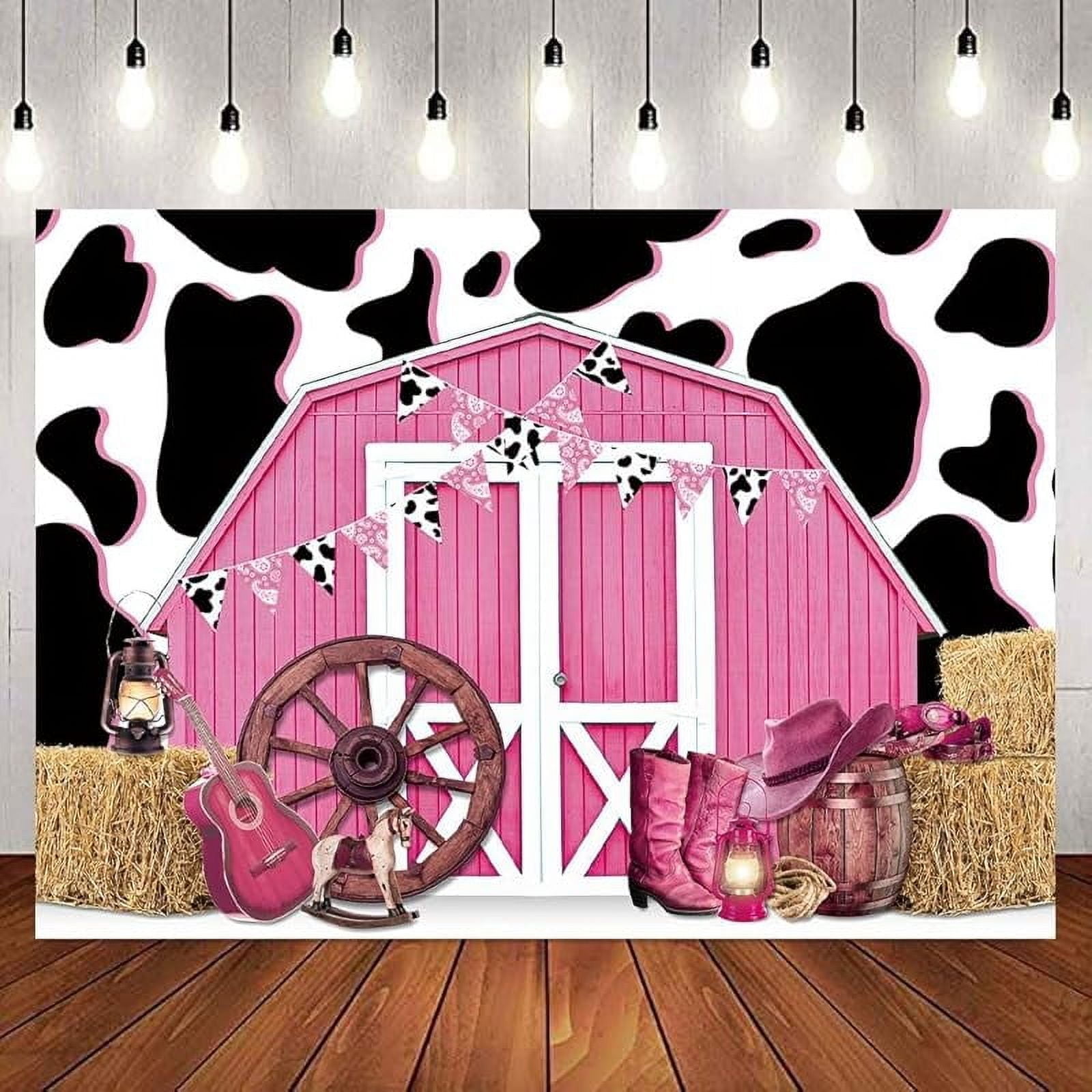 Cowgirl Birthday Backdrop Cow Print Pink Barn Backdrop Rodeo Party ...
