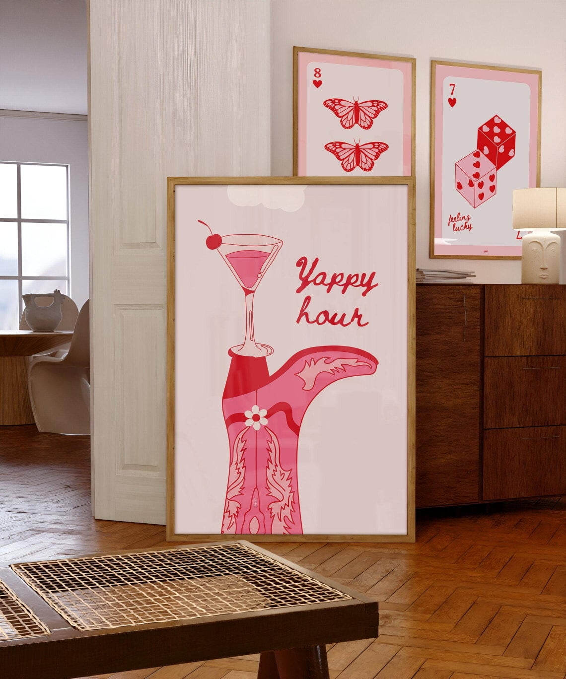 Cowgirl Boot Cocktail Wall Art, Pink & Red Yappy Hour Print, Trendy Bar Cart Poster, Retro ...