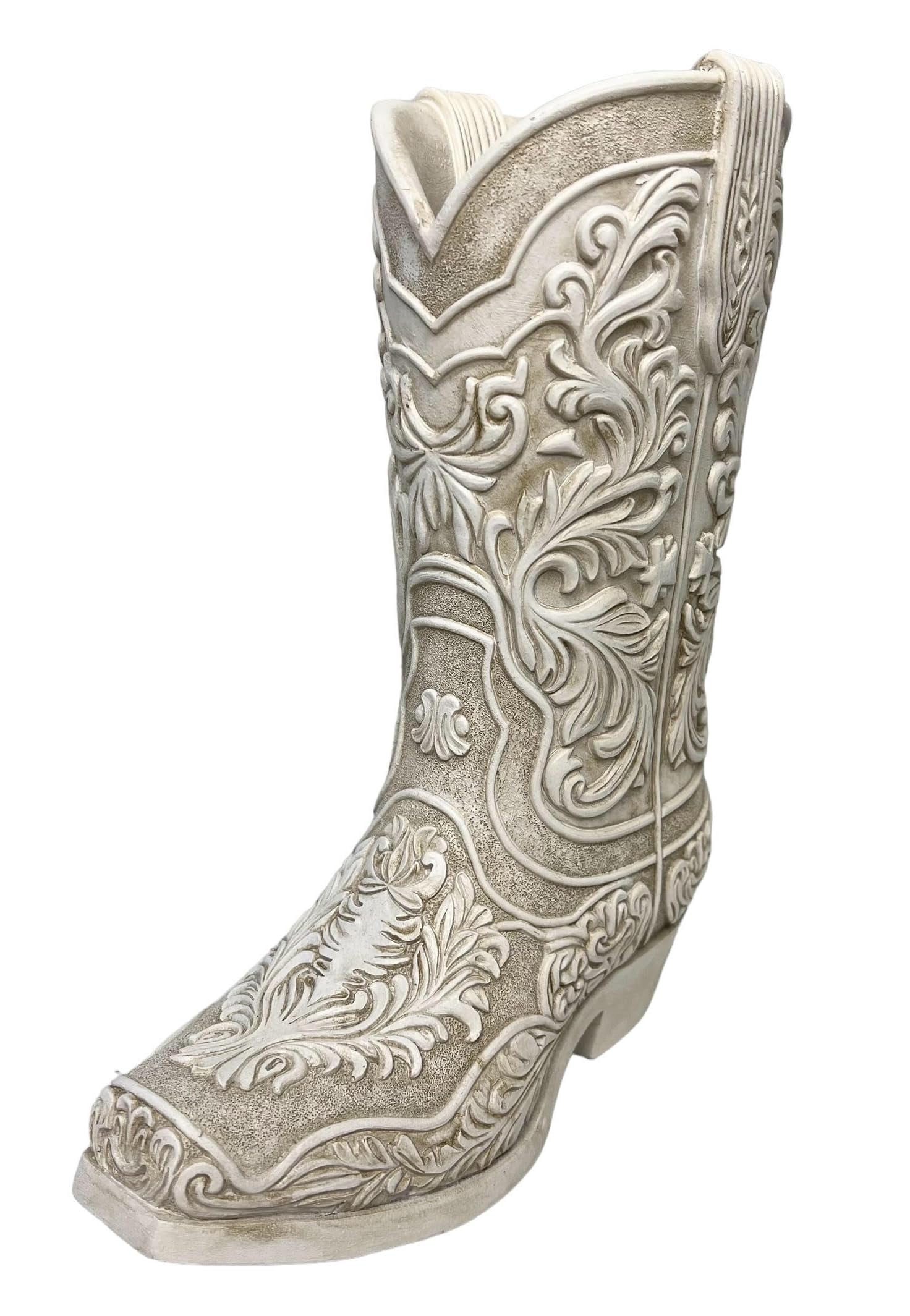 Cowgirl Boot Flower Vase - 9” Tall Antique White Finish with Intricate ...