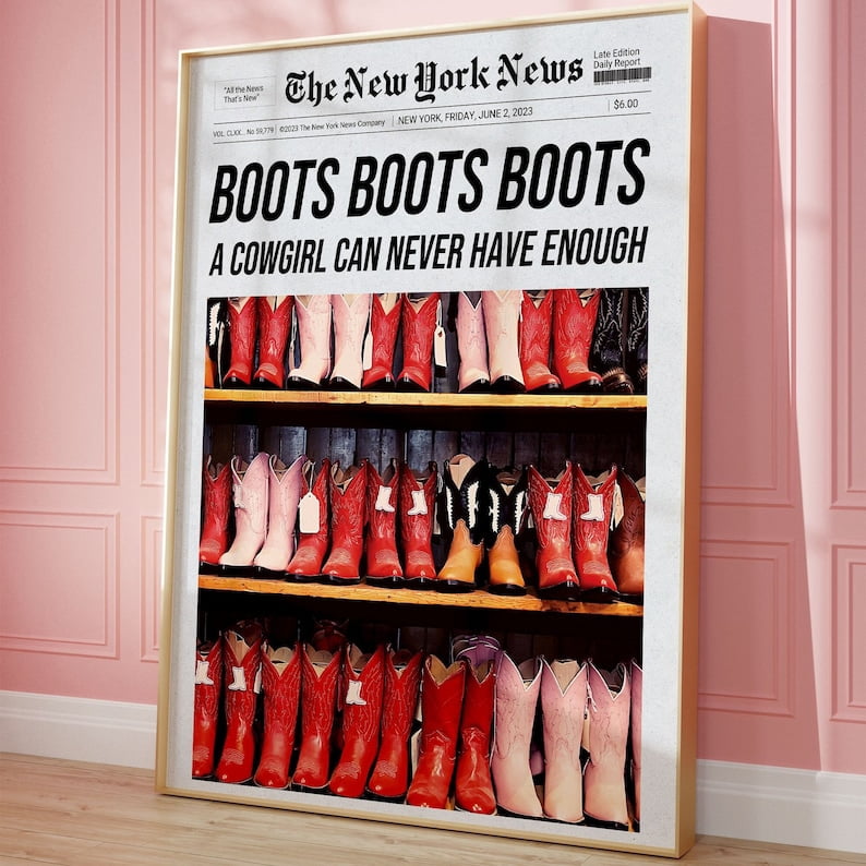 Cowgirl Boot Wall Art, Newspaper Print Wall Art, New York News, Cowboy ...