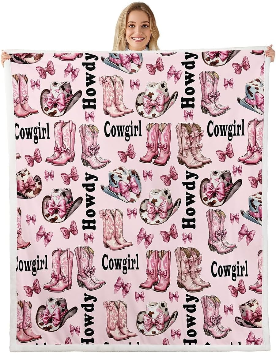 Cowgirl Boots Flannel Blanket,Western Starry Pink White Stripes ...
