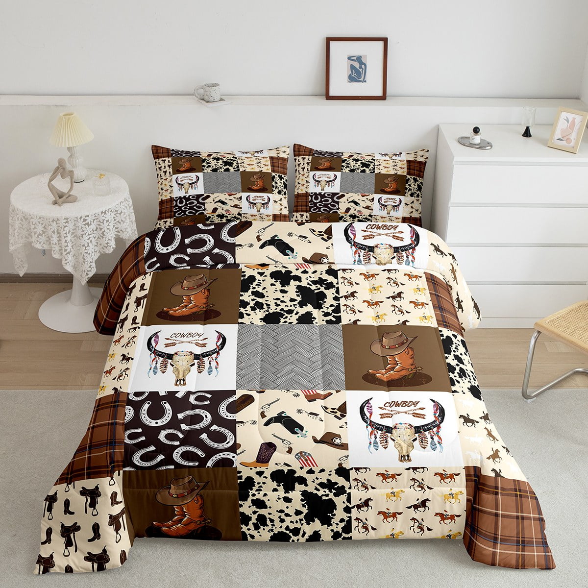 Cowgirl Boots Hat Bedding Set Full Western Animals Cowhide Comforter ...