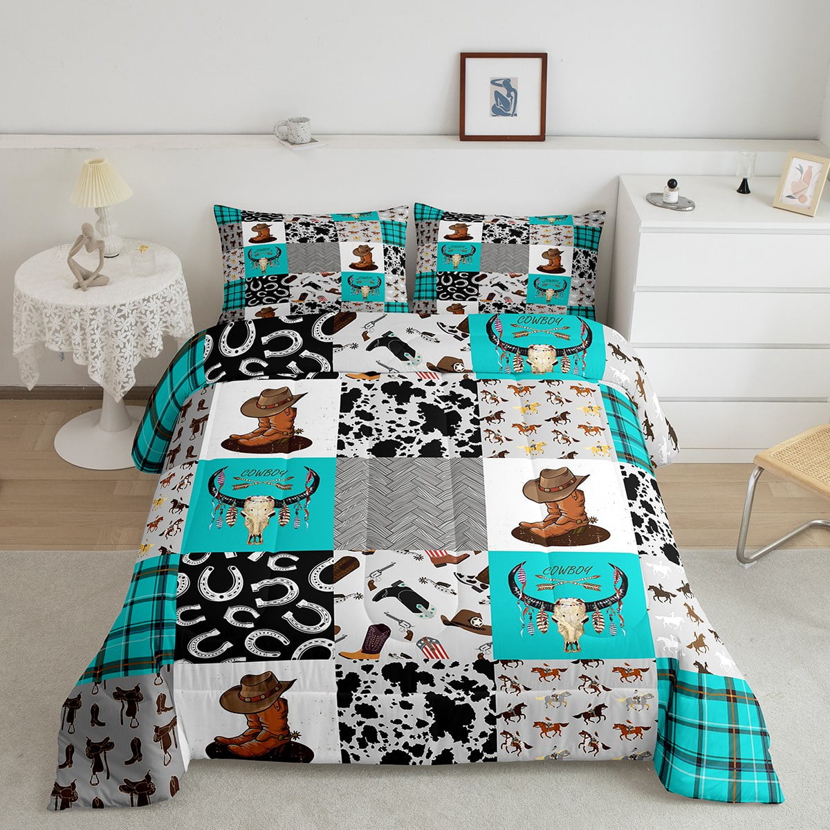 Cowgirl Boots Hat Bedding Set King Western Animals Cowhide Comforter ...
