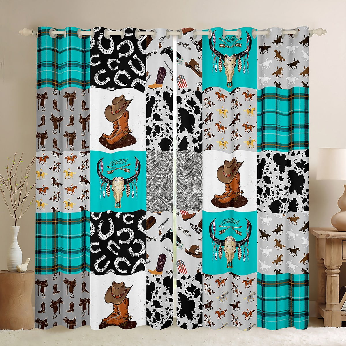 Cowgirl Boots Hat Blackout Curtains Western Animals Cowhide Curtains ...