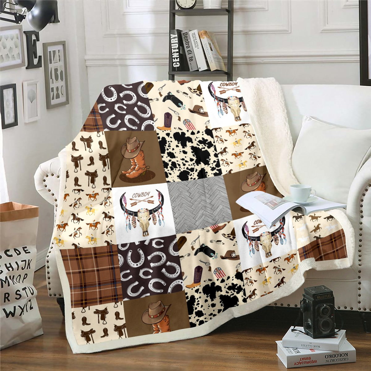 Cowgirl Boots Hat Blanket 60"x80" Western Animals Cowhide Throw Blanket Man,Exotic Bull Skull ...