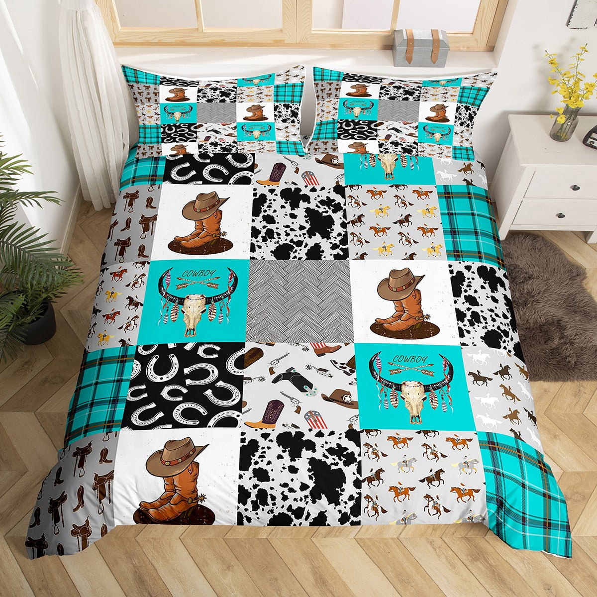 Cowgirl Boots Hat Duvet Cover Full Western Animals Cowhide Bedding Set ...