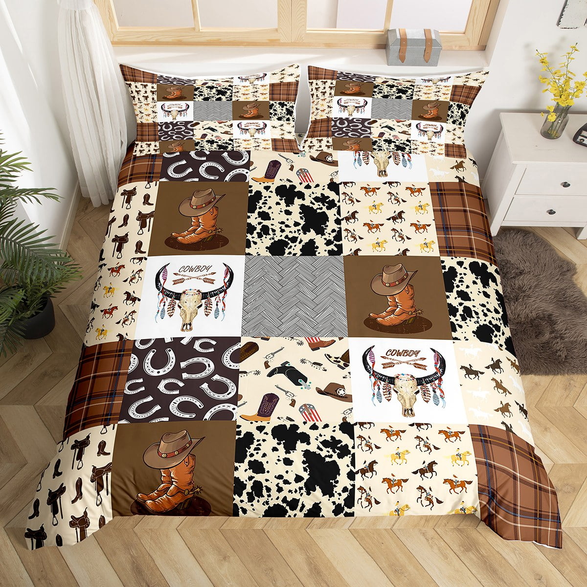 Cowgirl Boots Hat Duvet Cover King Western Animals Cowhide Bedding Set ...