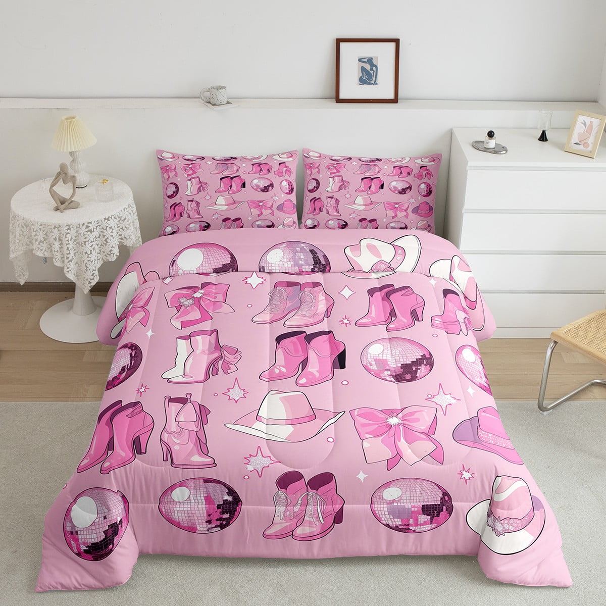 Cowgirl Boots Comforter Set,Disco Balls 80s 90s Hip Pop Bedding Set ...