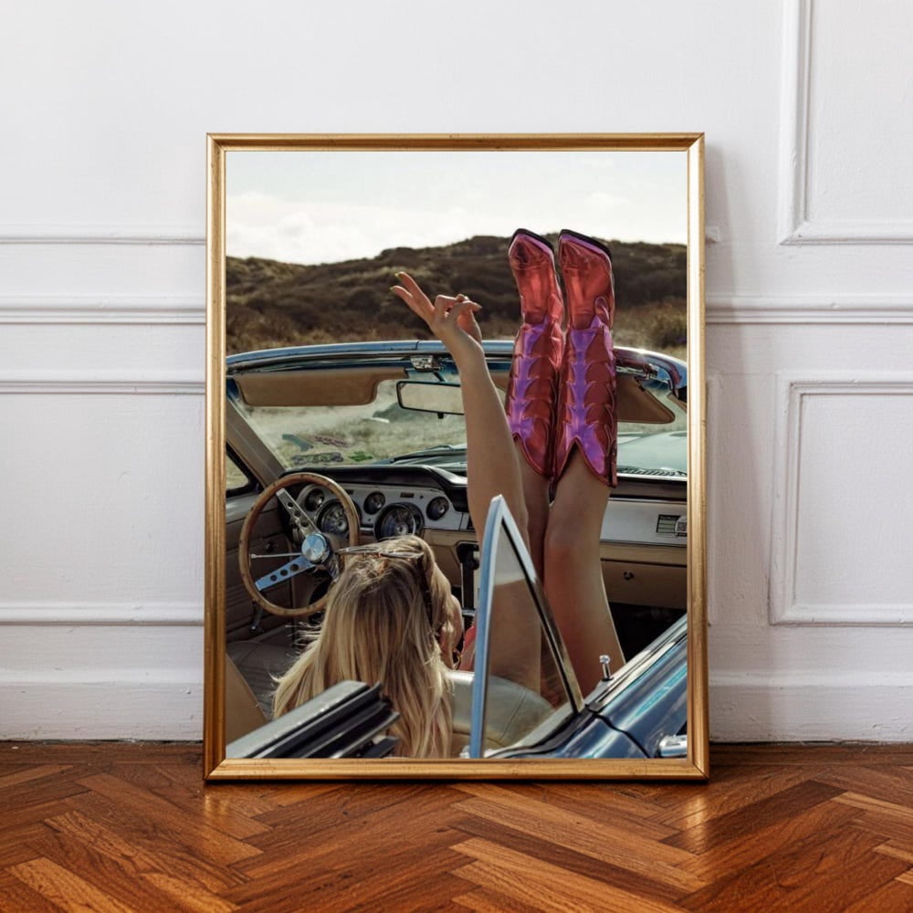 Cowgirl Boots Poster Retro Roadtrip Poster Print Western Woman Car ...
