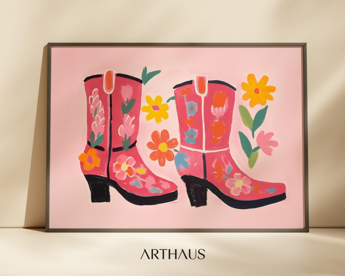 Cowgirl Boots Print Coastal Pink Painting Poster Western Nursery ...