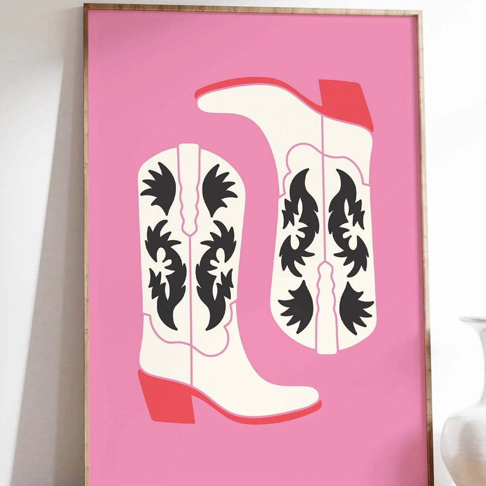 Cowgirl Boots Print Cute Pink Red Western Print Retro Wall Art Trendy ...