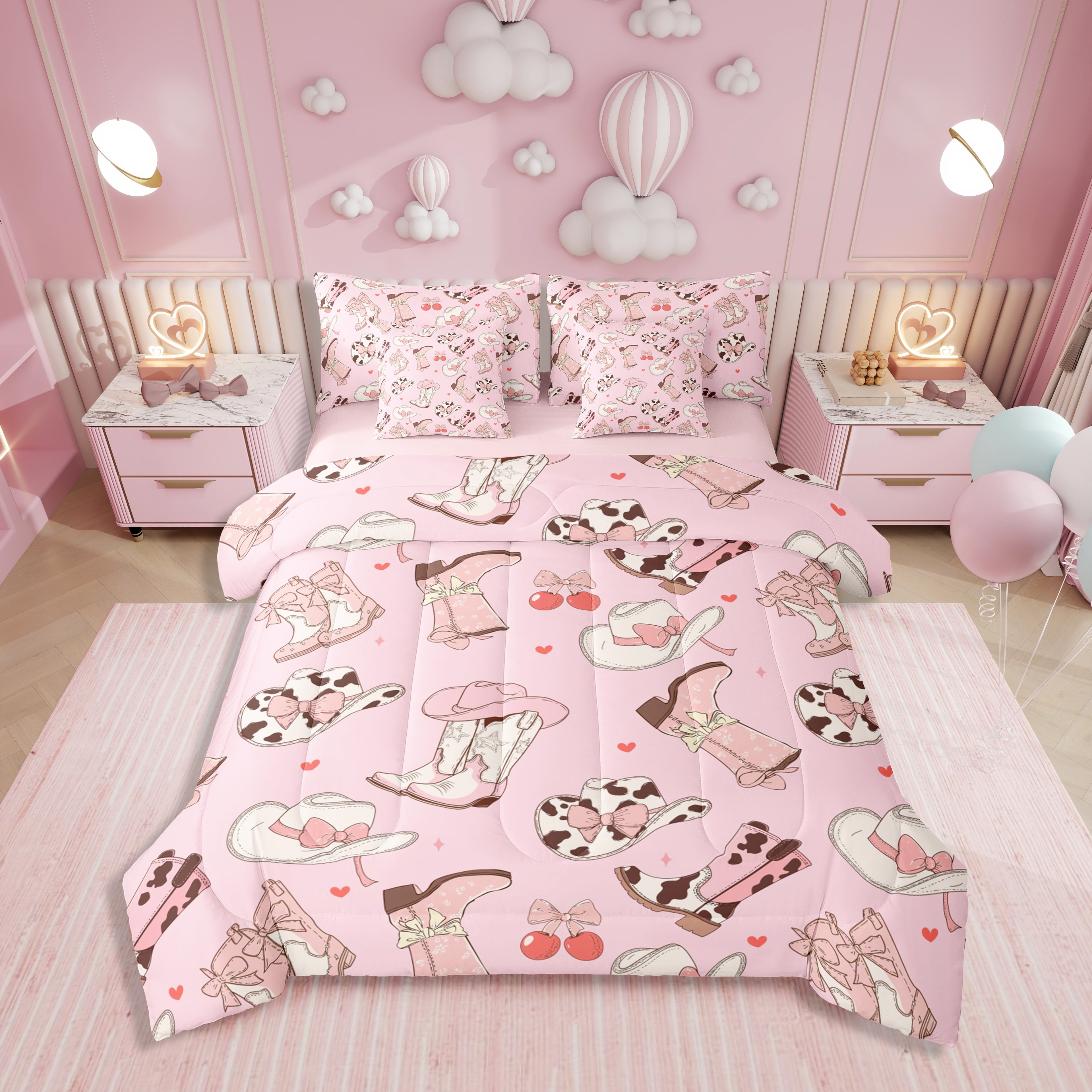 Cowgirl Boots Queen Size Bedding Set Kawaii Pink Bow Tie Sheet Set ...