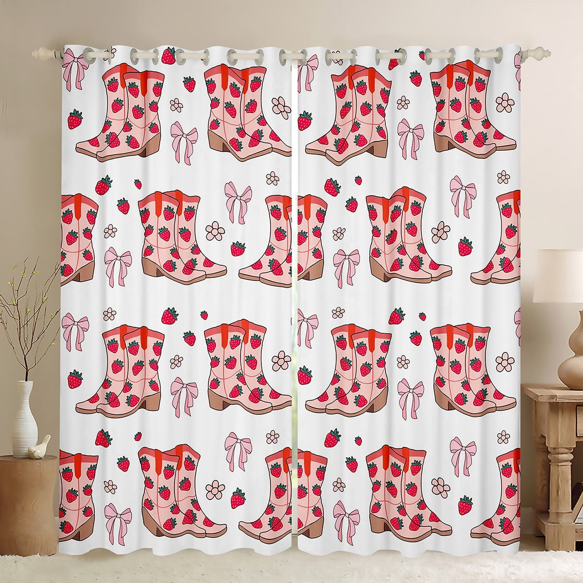 Cowgirl Boots Window Curtains,Pink Bowknot Tropical Strawberry Fruit ...