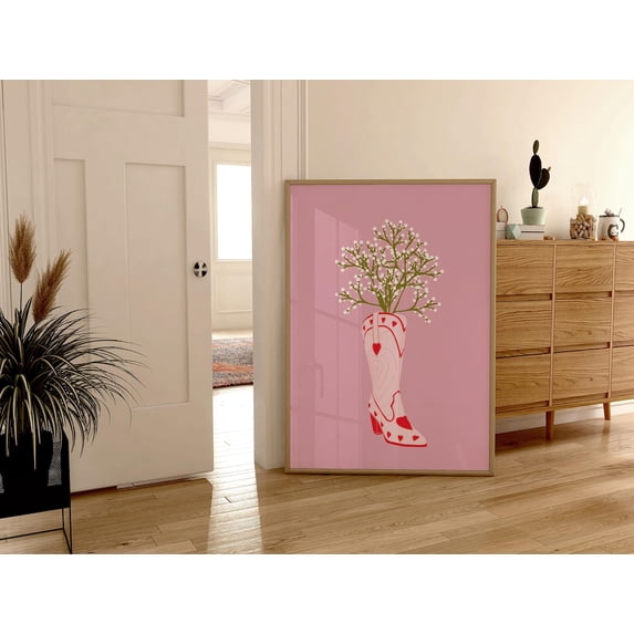 Cowgirl Boots with Flowers Retro Western Wall Art Pink and Red Decor ...