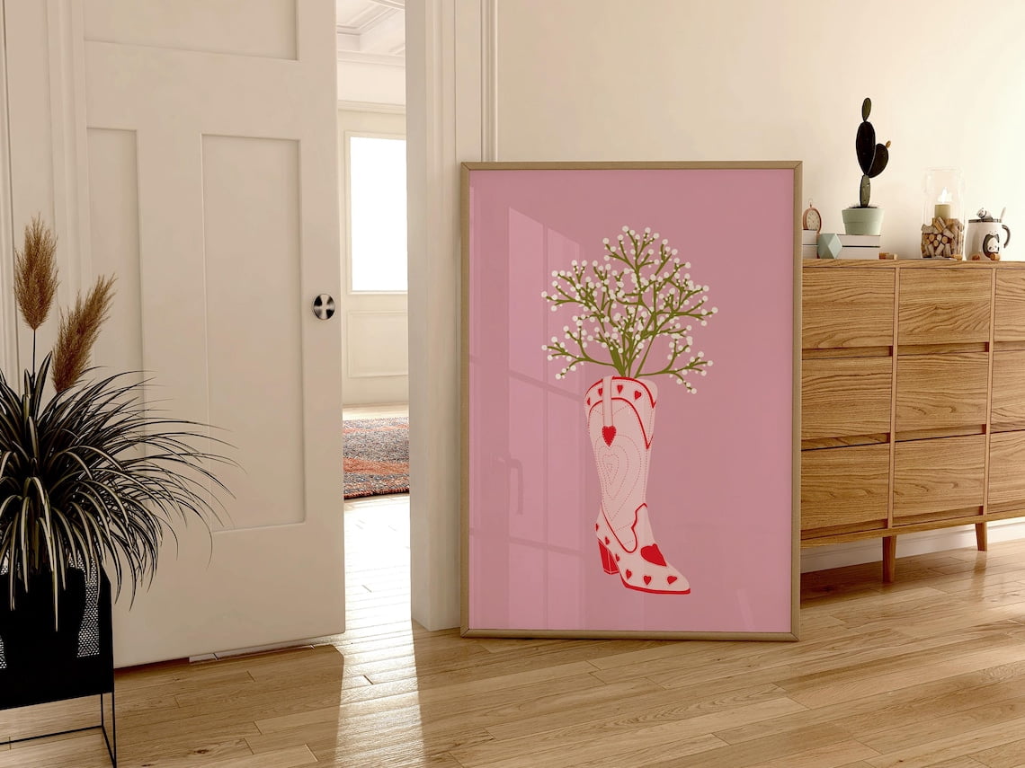 Cowgirl Boots with Flowers Retro Western Wall Art Pink and Red Decor ...