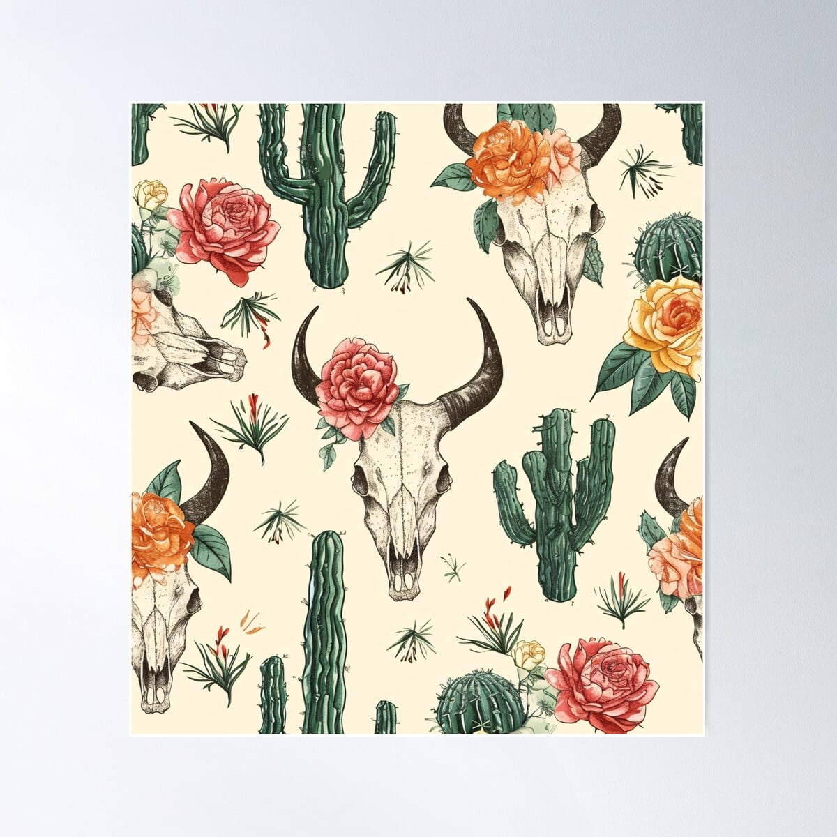 Cowgirl Essentials: Cactus & Cow Skull Pattern Clip Art Poster Wall Art ...