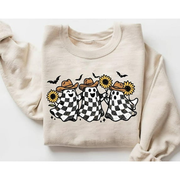 Cowgirl Ghost Sweatshirt, Western Ghost Checkered Shirt, Trendy Fall ...