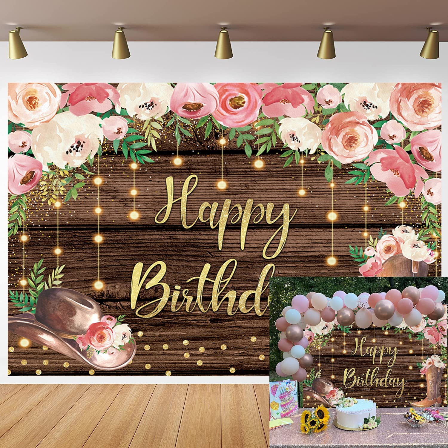 Cowgirl Happy Birthday Backdrop Western Hat Boot Floral Glitter Brown ...