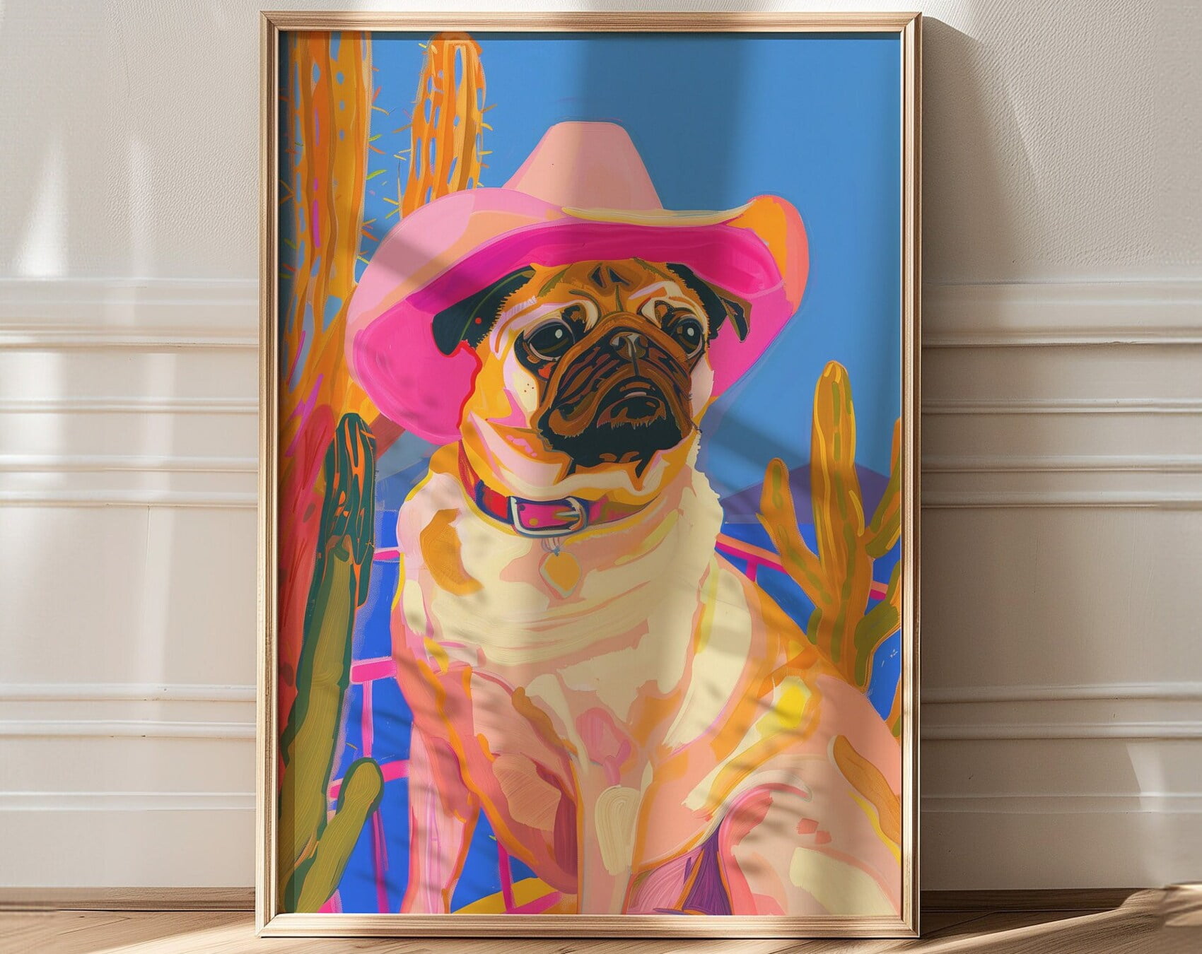 Cowgirl Home Decor, Preppy Dog Art, Dog in Cowboy Hat, Pug Cowgirl Art ...