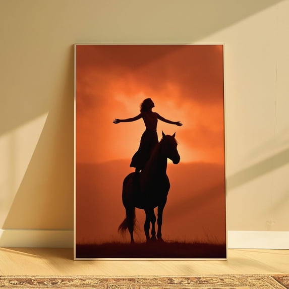 Cowgirl Horse Sunset Western Wall Art, Unframed Paper Print Size 24x36 ...