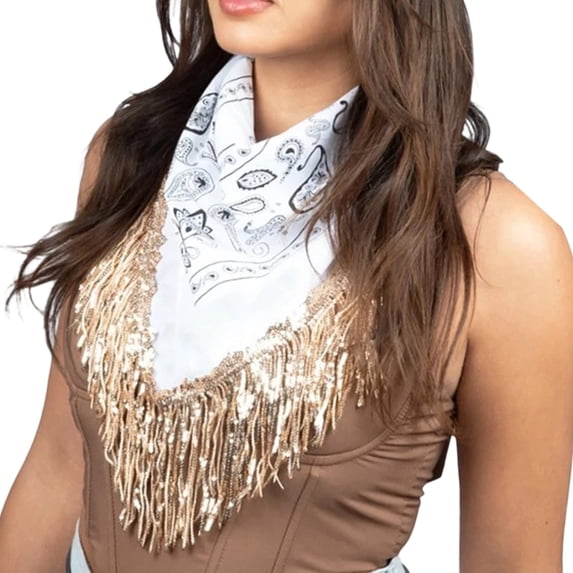 Cowgirl Outfit Bandana Scarf with Gold Fringe Trim, Lightweight Fabric ...