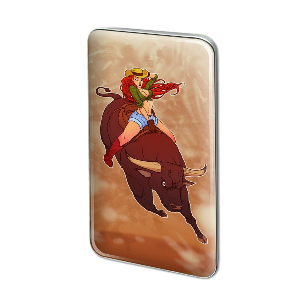 Cowgirl Pinup Riding Bucking Bull Rodeo Metal Rectangle Lapel Hat Pin ...