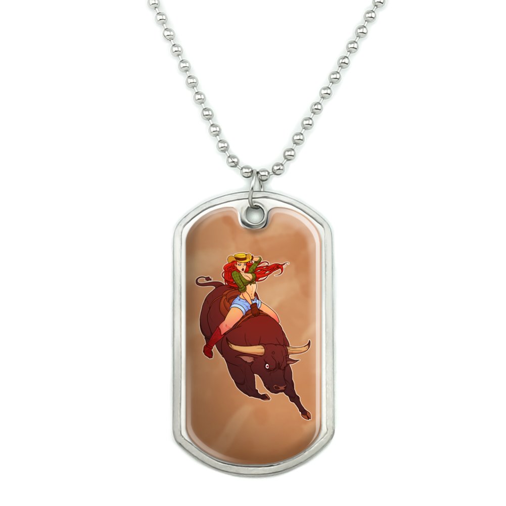 Cowgirl Pinup Riding Bucking Bull Rodeo Military Dog Tag Pendant ...