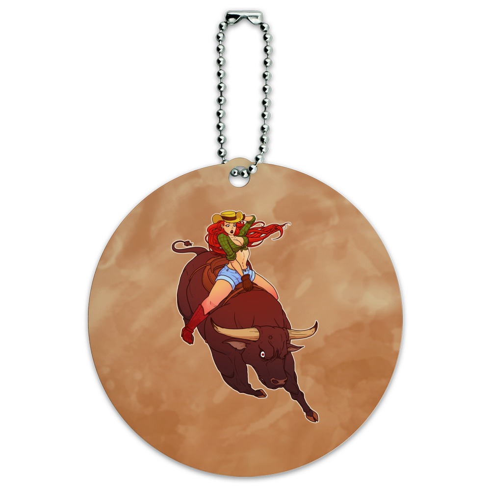 Cowgirl Pinup Riding Bucking Bull Rodeo Round Luggage ID Tag Card ...