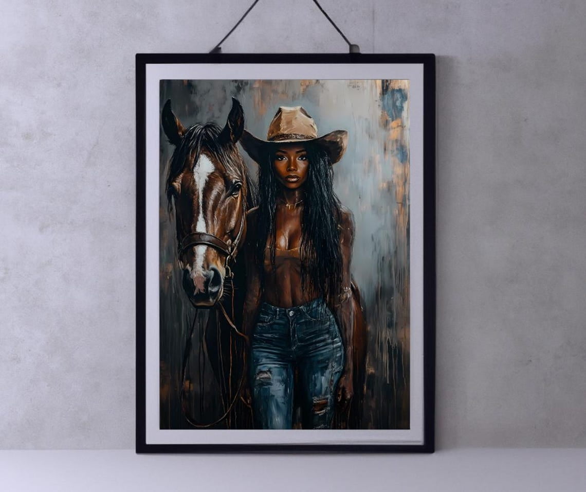 Cowgirl Portrait Art Print, Black Woman Cowboy, Modern Western Art, Rustic Home Decor, Horse And ...