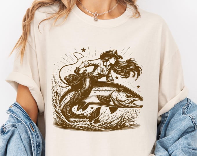 Cowgirl Riding Fish Graphic Tee or Sweatshirt: Western - Walmart.com