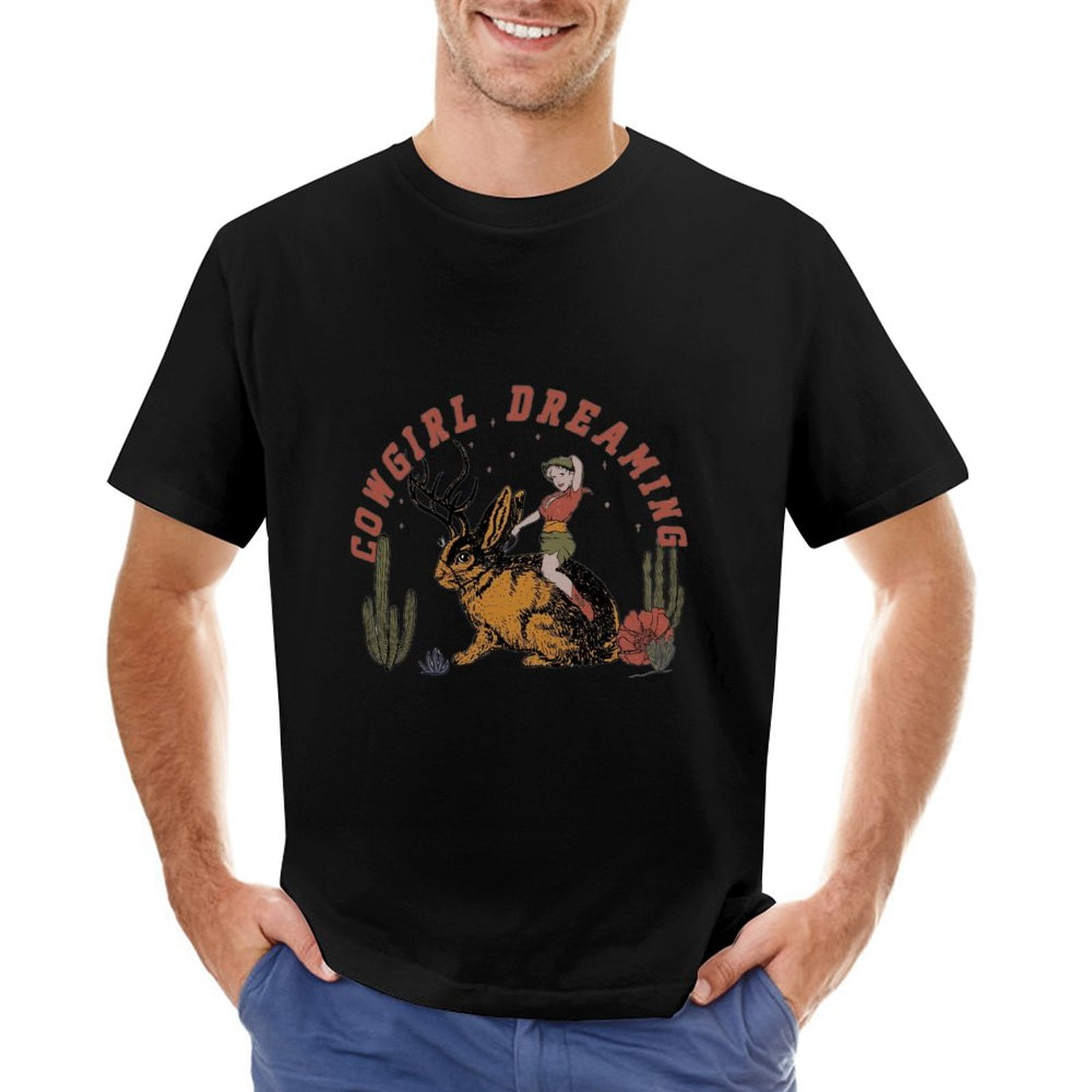 Cowgirl Riding Jackalope Vintage Western T-Shirt Men's Unisex Rodeo Tee ...
