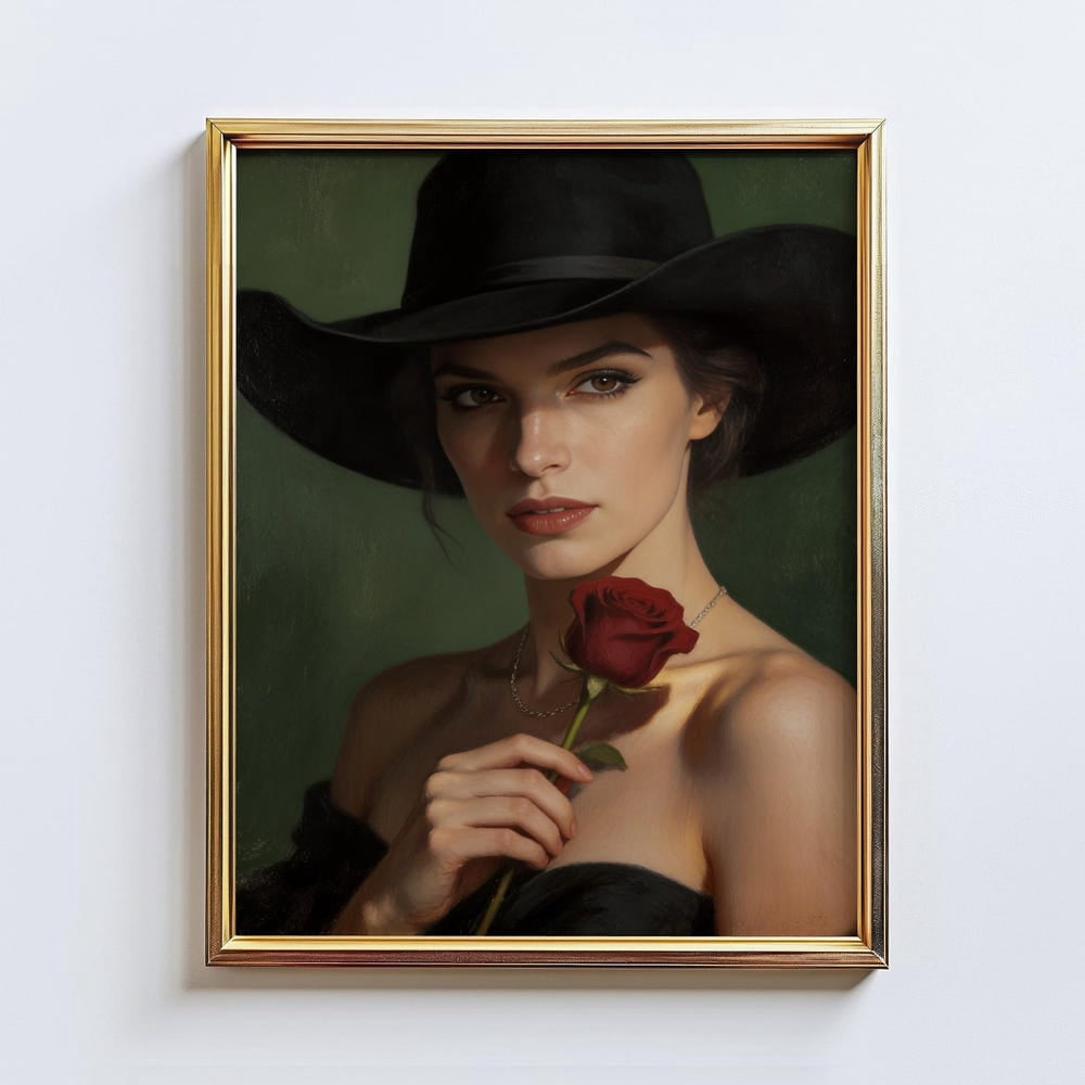 Cowgirl Rose Portrait Decor Moody Western Glam Wall Art Elegant Woman ...