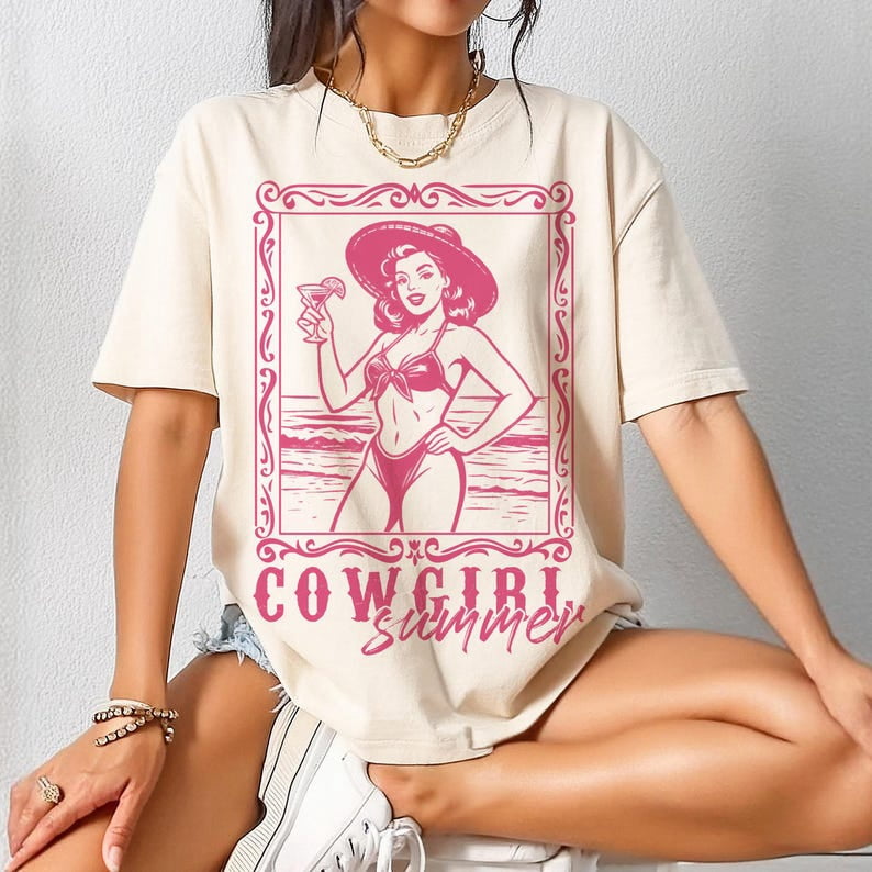 Cowgirl Summer Shirt, Western Retro Tee with Beach Vibes, Trendy ...