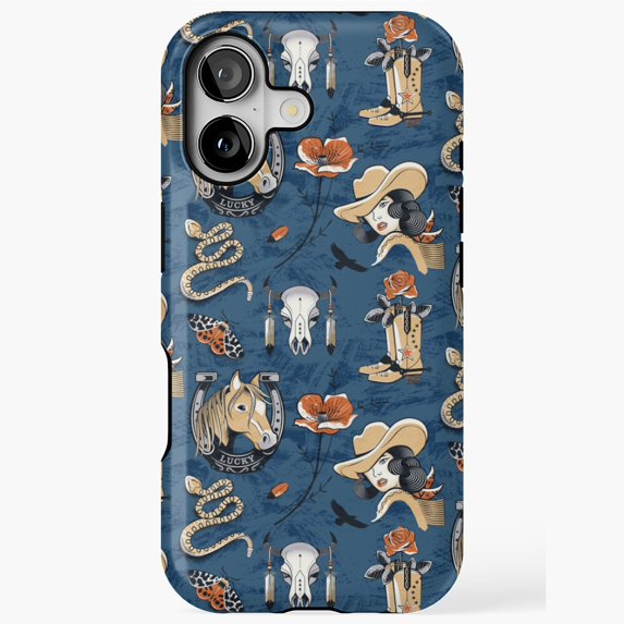 Cowgirl Tattoos Dark Blue Western Pattern Phone Case 17 16 15 14 13 12 ...