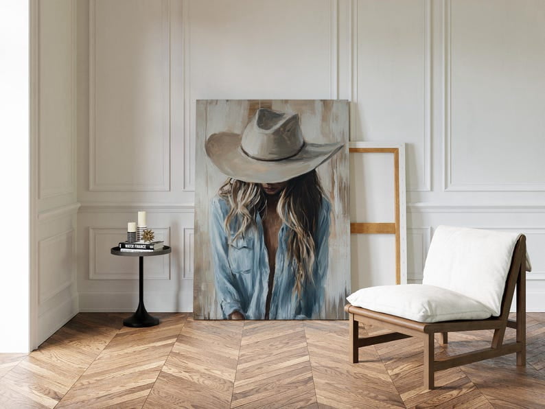 Cowgirl Wall Art Canvas – Western Woman in Hat and Denim Shirt with ...
