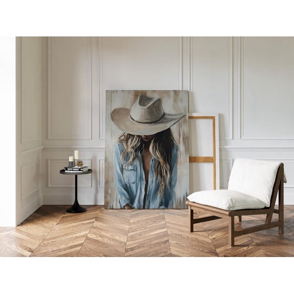 Cowgirl Wall Art Canvas – Western Woman in Hat and Denim Shirt with ...