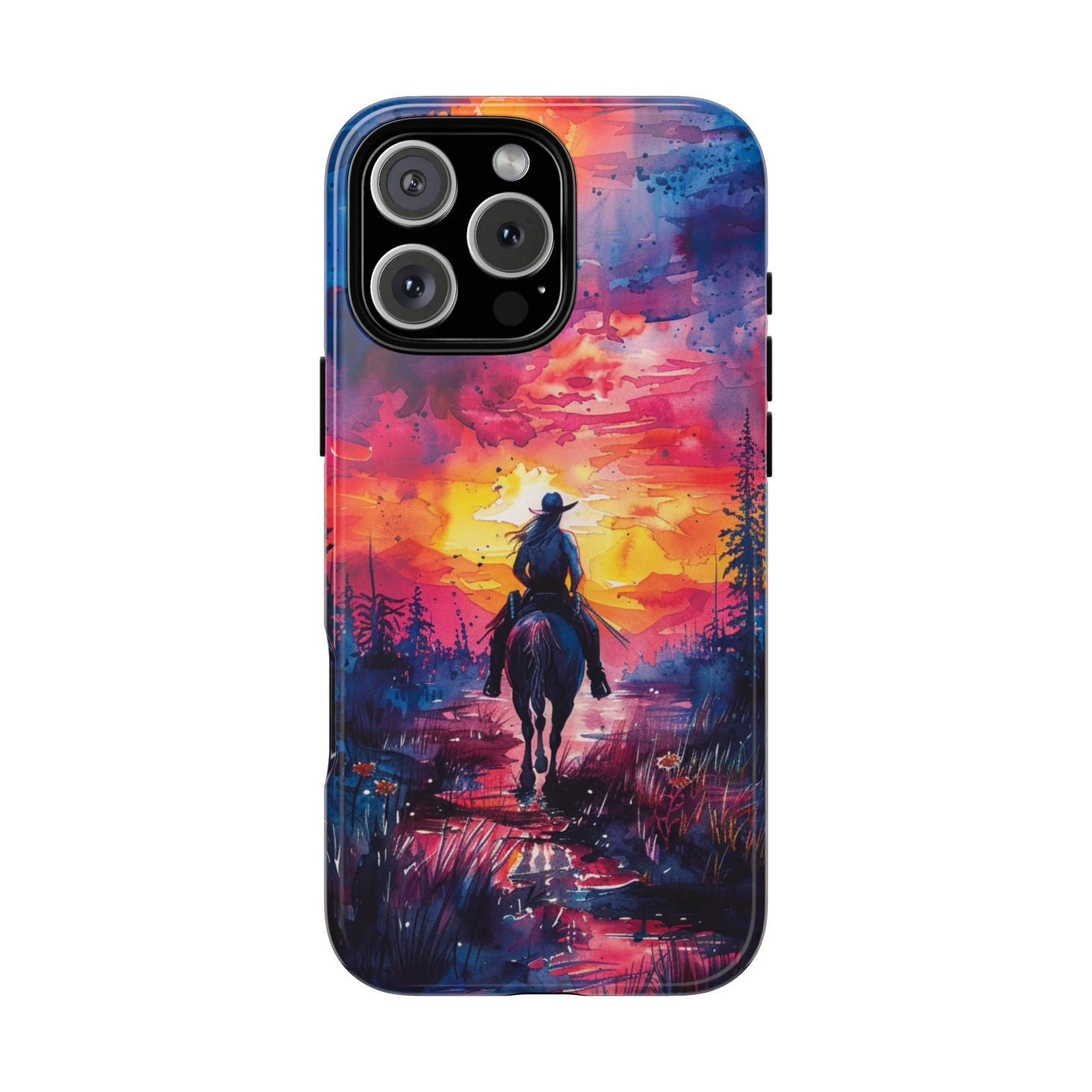 Cowgirl Watercolor Sunset Scenic Phone Case for iPhone 11 to 17 Models ...