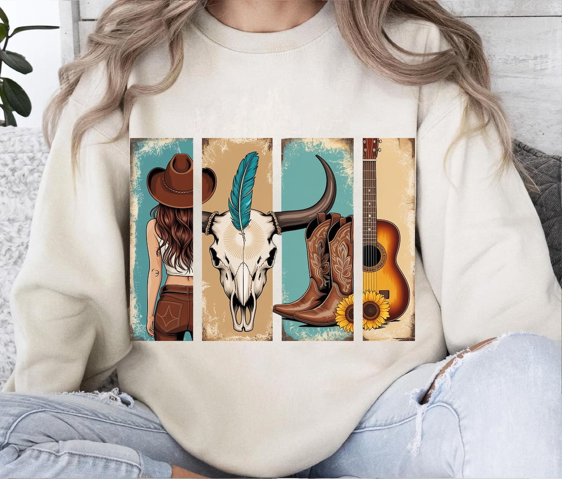 Cowgirl Western , Boho Country Sublimation Design, Guitar Boots Skull ...