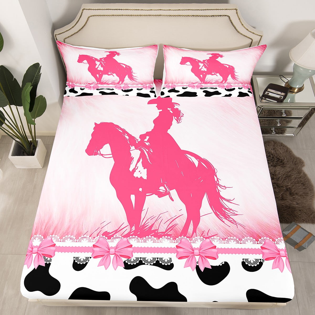 Cowgirl Western Fitted Sheet Pink Cowhide Bed Sheets Twin,Black and ...