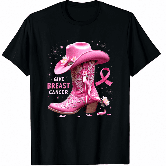 Cowgirl Western Give Breast Cancer The Boot Pink Ribbon Graphic Black T ...