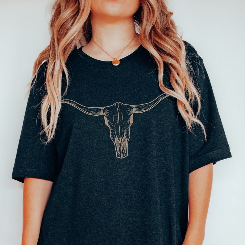 Cowgirl bull skull longhorn shirt, Boho, Skull Shirt, Wild west Tshirt ...