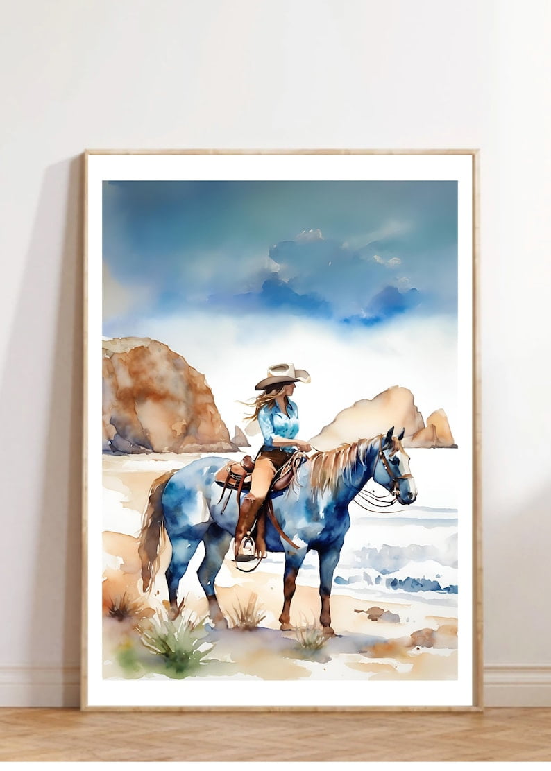 Cowgirl on Horse Watercolor Art Poster, Western Desert Illustration ...