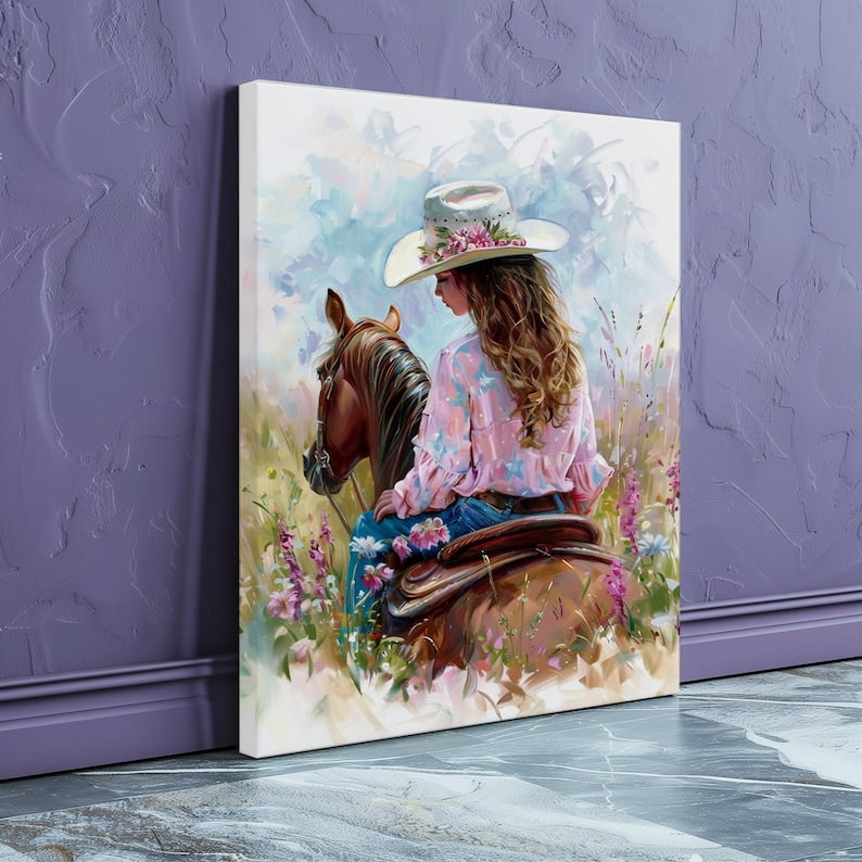 Cowgirl riding horse canvas. Serene western wall hanging. Calm country ...