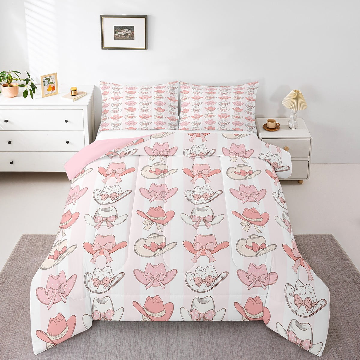 Cowgirls Girls Bedding Set King Size Pink Cowboy Boots Hat Quilt For ...