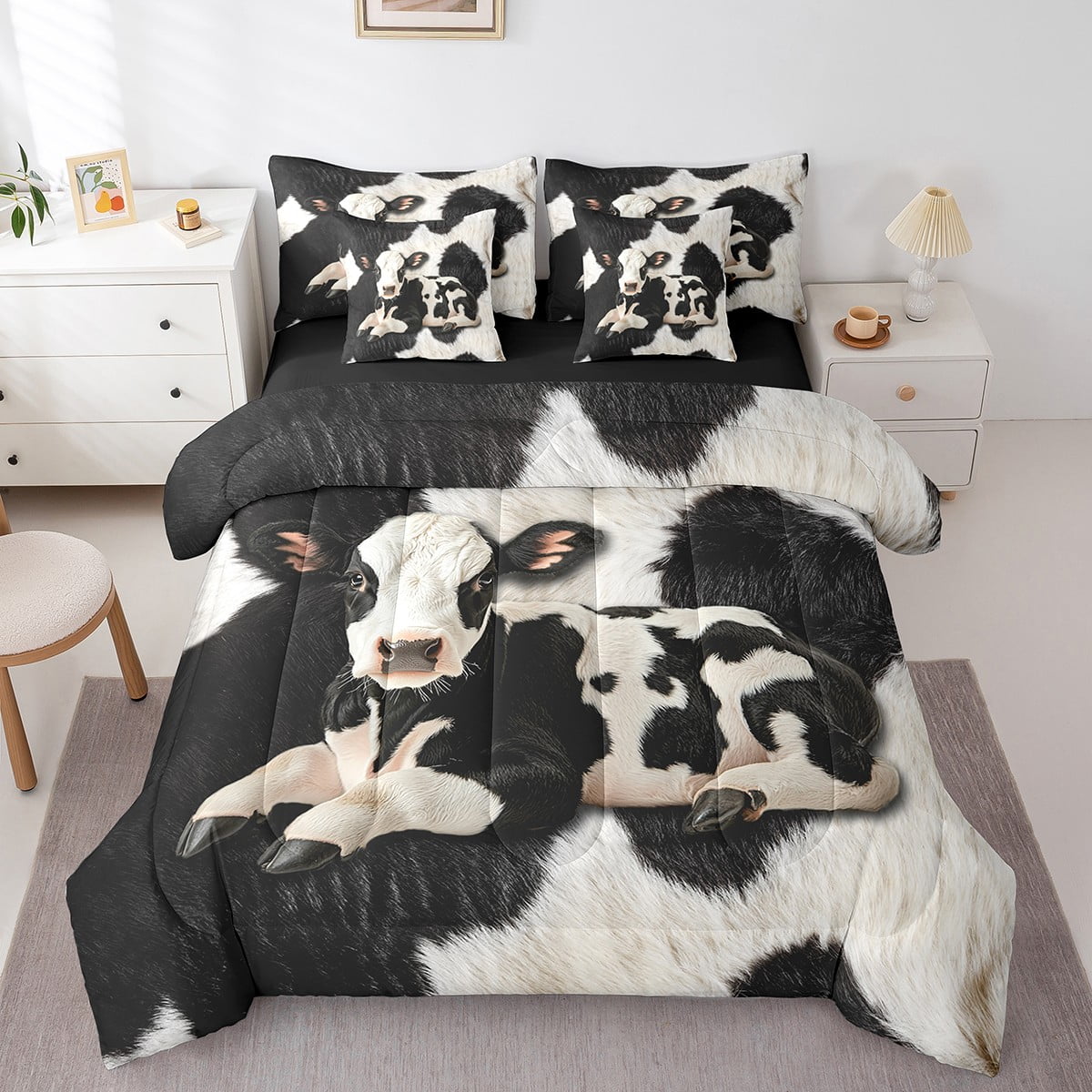 Cowhide 7 Piece Bed In A Bag,3D Farm Cow Print Comforter Set,Farmhouse Cow Bedding Set for Women ...