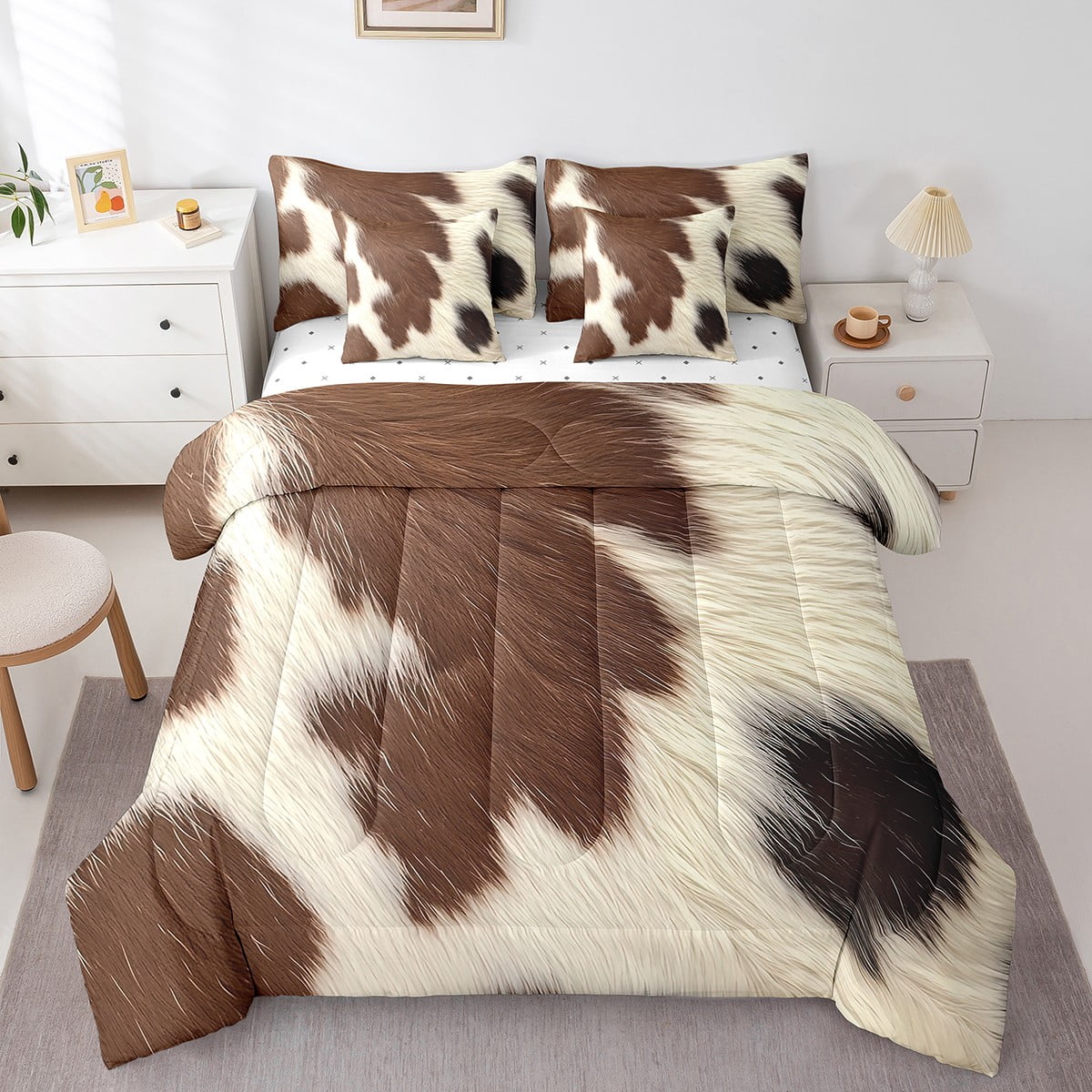 Cowhide Bed in a Bag Queen Comforter Set 7 Piece,Brown Farm Animal Hide Bedding Sets Bull Cattle ...